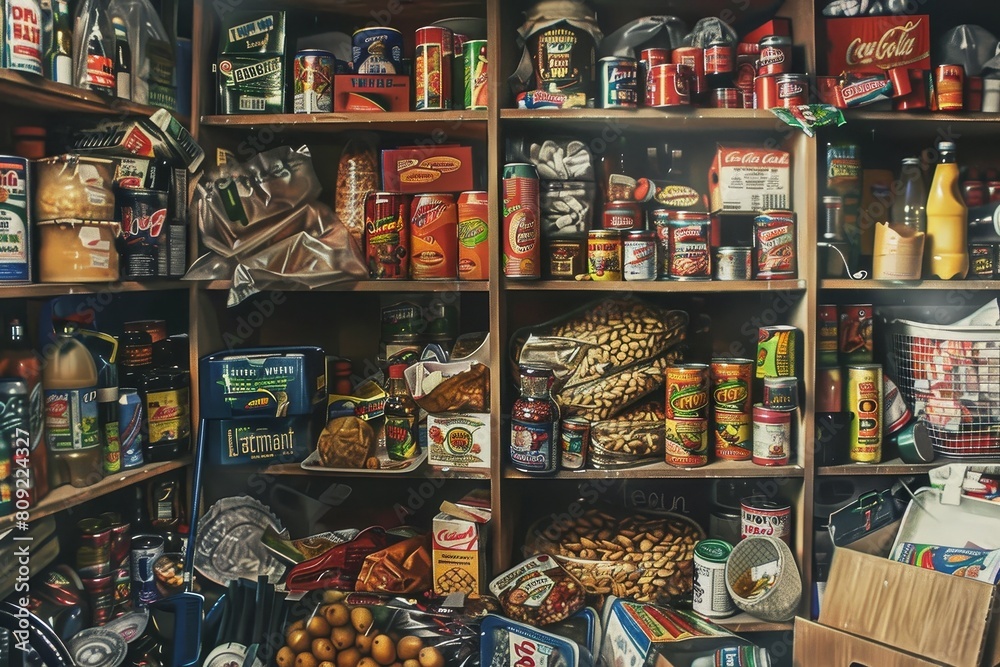 A painting showing a store brimming with a variety of food items, A ...