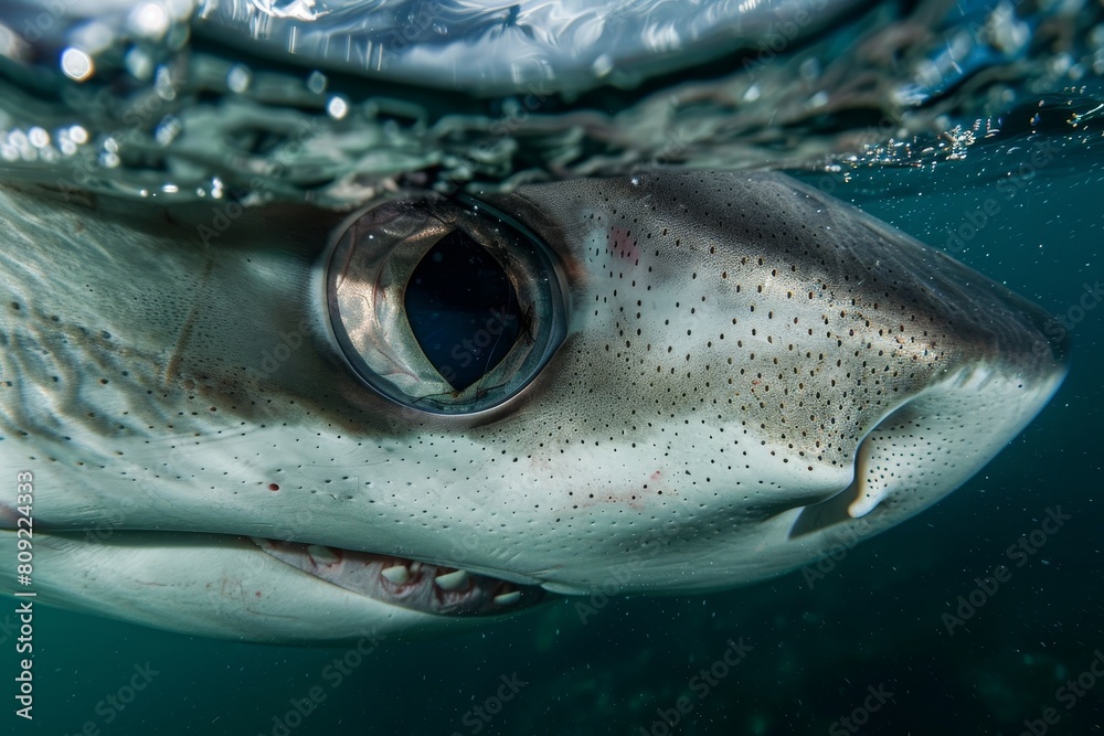 A close-up of a shark under the water, showcasing its eye and features ...