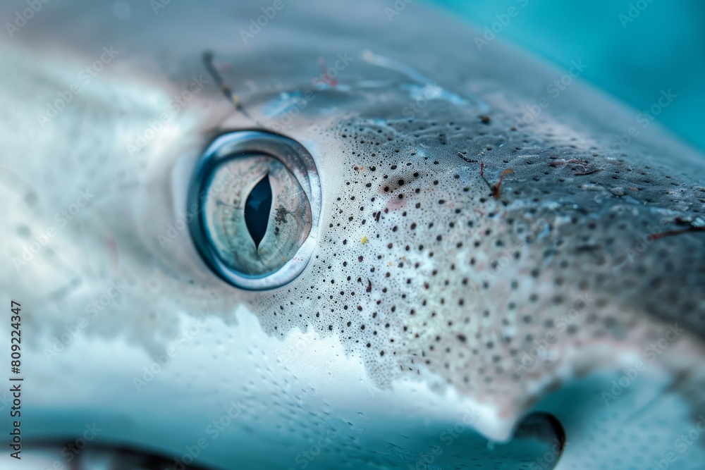 Detailed view of a sharks eye and facial features up close, A detailed ...