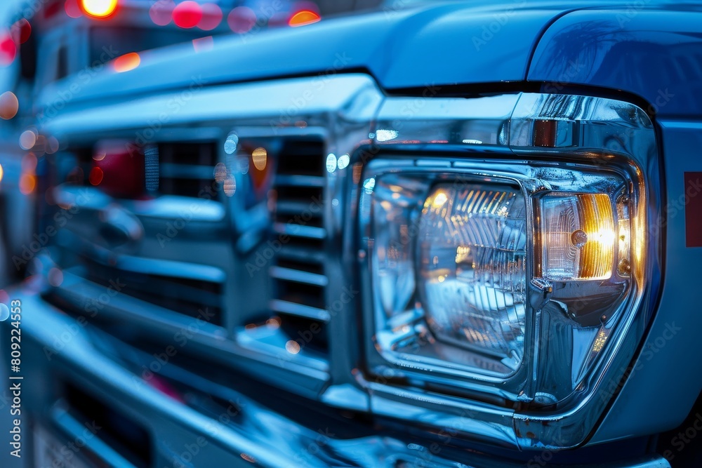 Detailed view of the front lights and grill of a blue truck, A detailed ...