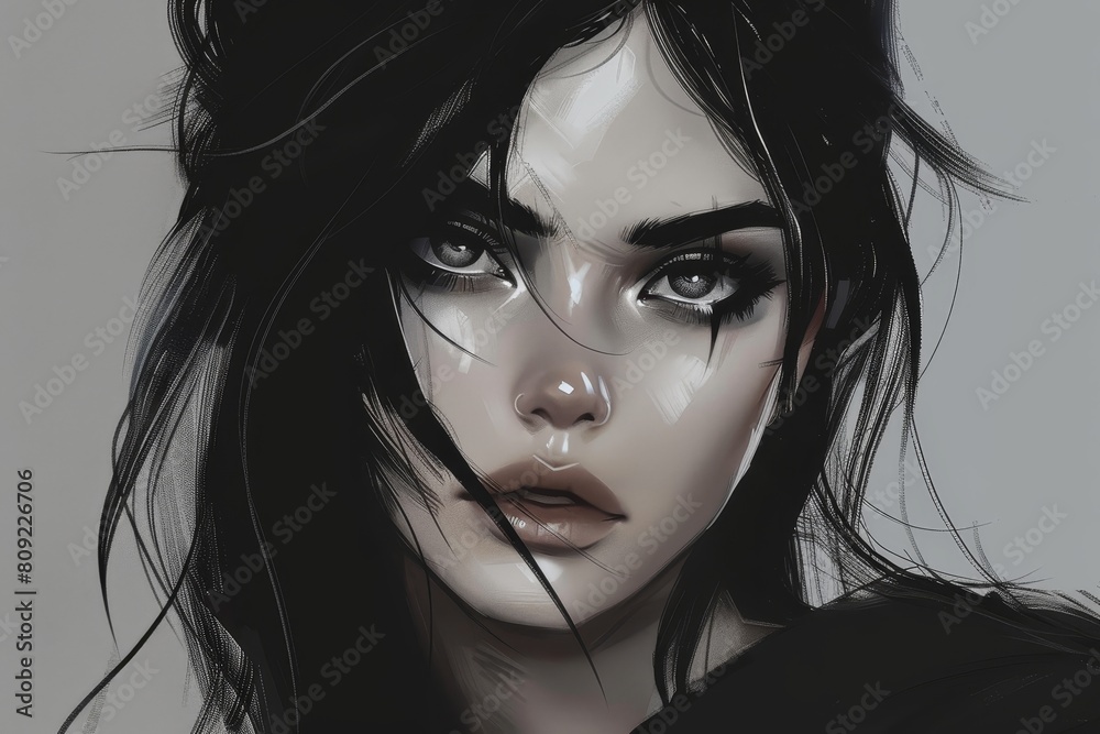Digital drawing of a woman with piercing eyes and striking black hair ...