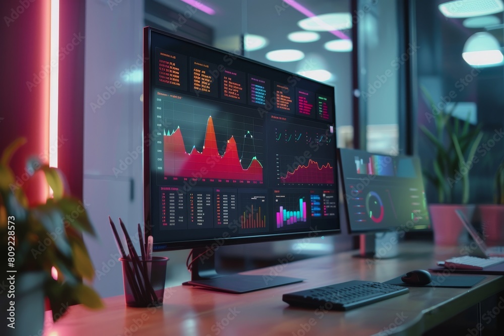 A computer monitor displaying graphs and charts sits on top of a wooden ...