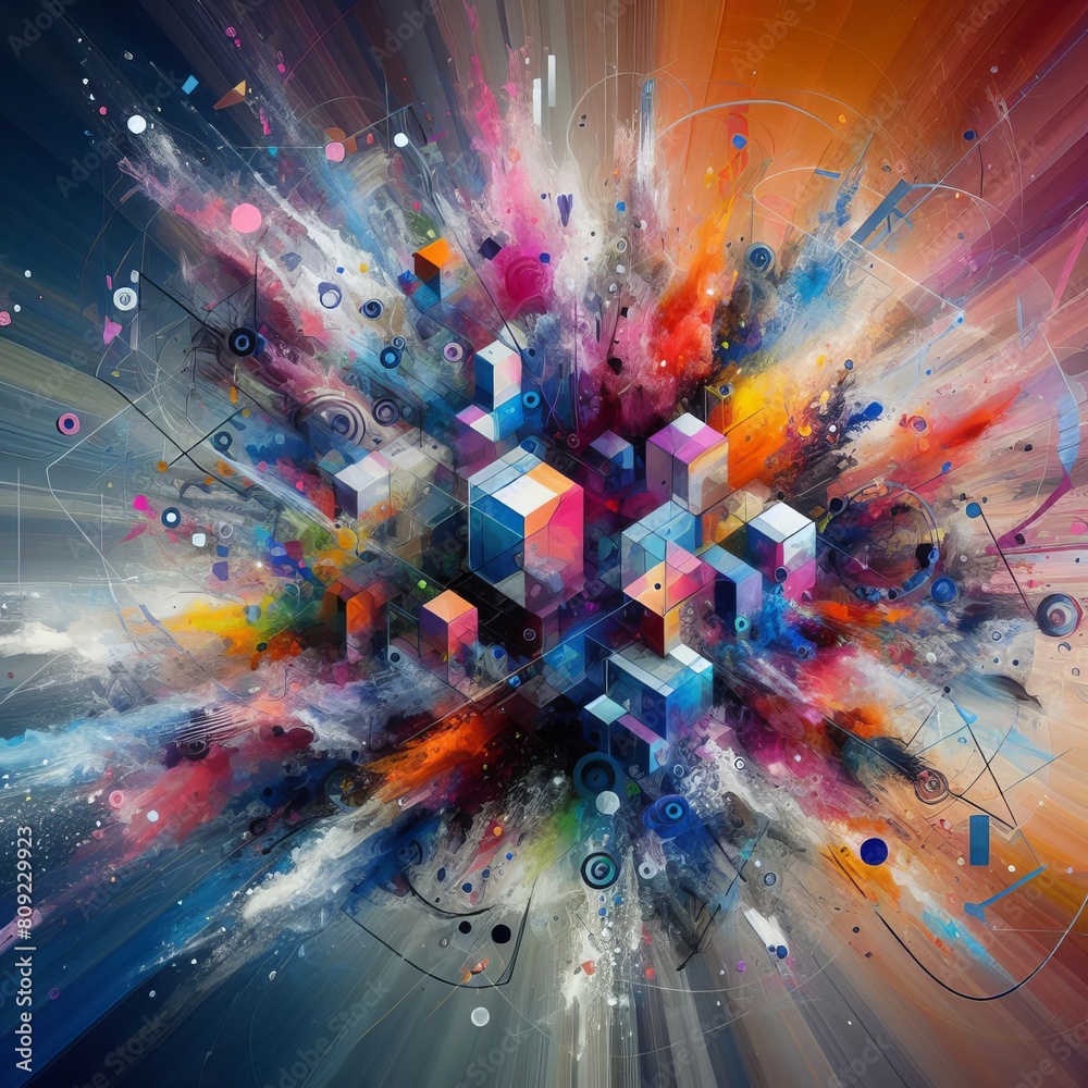 abstract background with stars Colorful Explosion of 3D Cubes ...