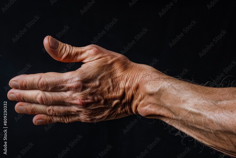 The image shows a mans hand with visible wrinkles and signs of aging, A ...
