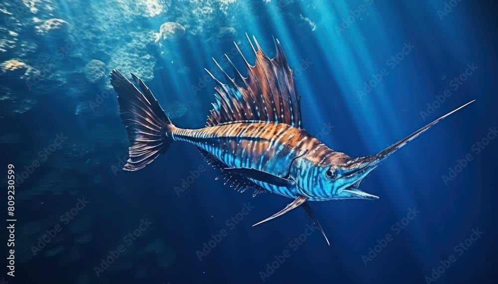 Ikan marlin besar di lautan biru, pemandangan hewan lautan yang memukau ...