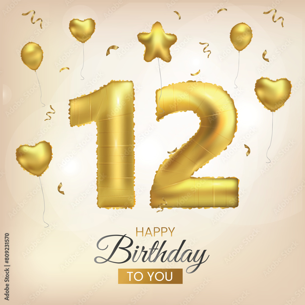 Happy 12th birthday gold foil balloon greeting background. 12 years ...