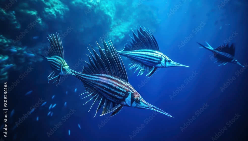 Ikan marlin besar di lautan biru, pemandangan hewan lautan yang memukau ...