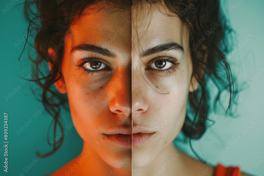 The image depicts two halves of womens faces merged together ...