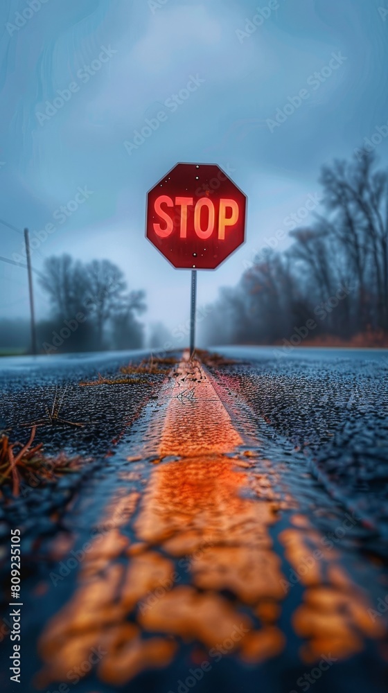 Stop sign on rainy road with water reflections. Safety and caution ...