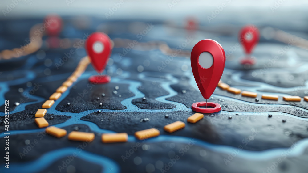 Navigating the Journey: Road Map with Red Location Pins Stock ...