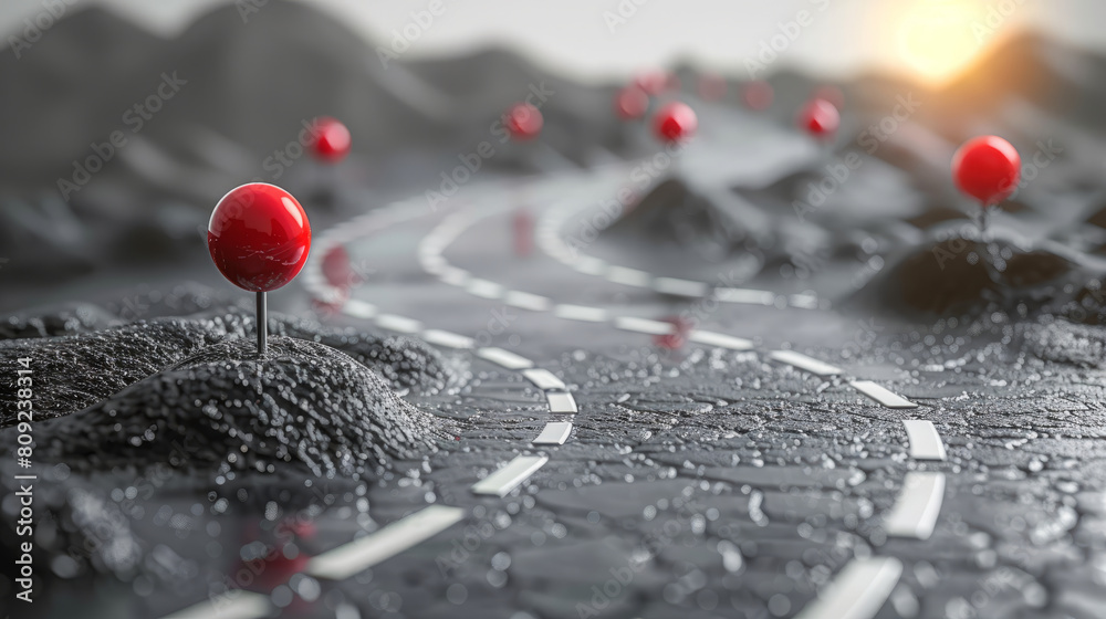 Navigating the Journey: Road Map with Red Location Pins Stock ...