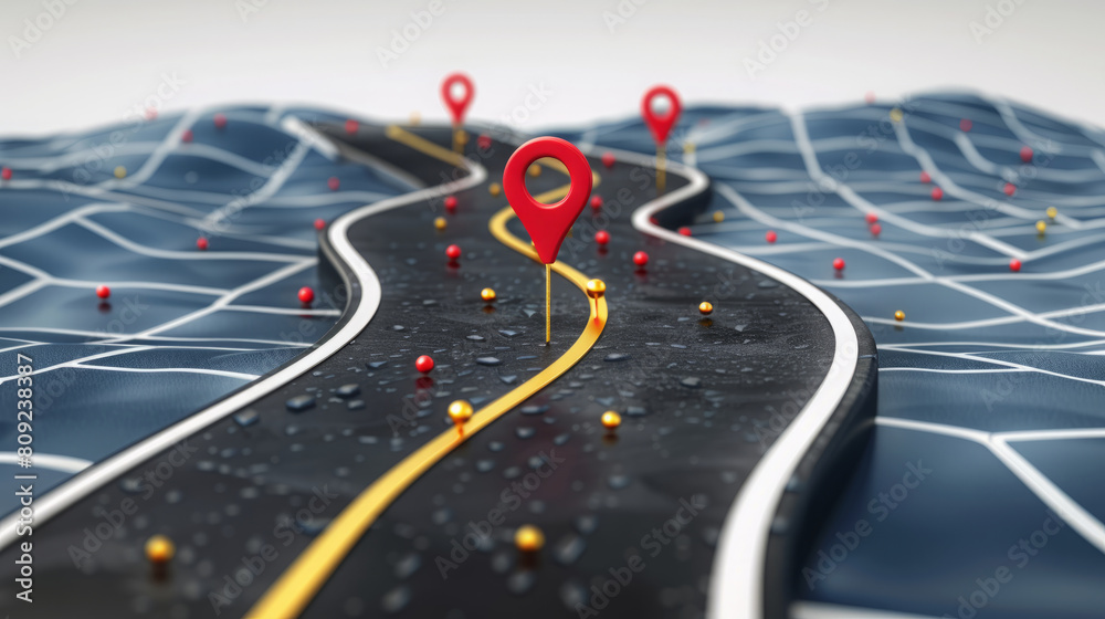 Navigating the Journey: Road Map with Red Location Pins Stock ...