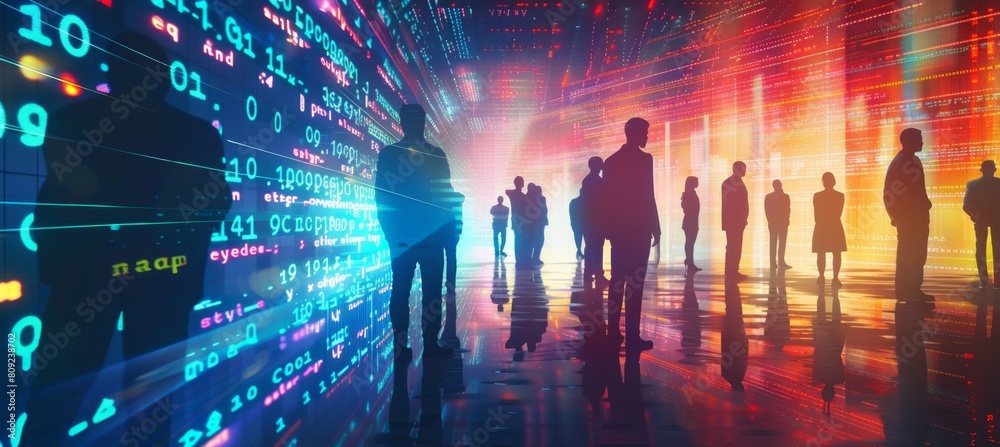 Silhouettes of business people standing in front of a digital screen ...