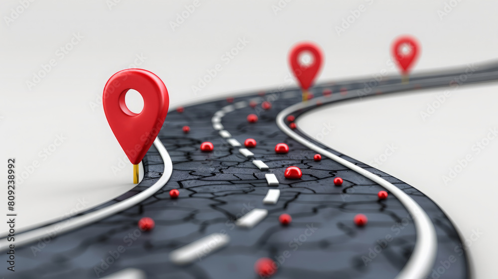 Navigating the Journey: Road Map with Red Location Pins Stock ...