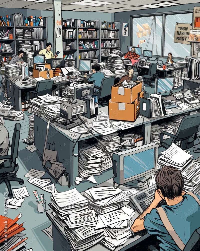 Cartoon drawing of a bustling newsroom, journalists busy at work, piles ...