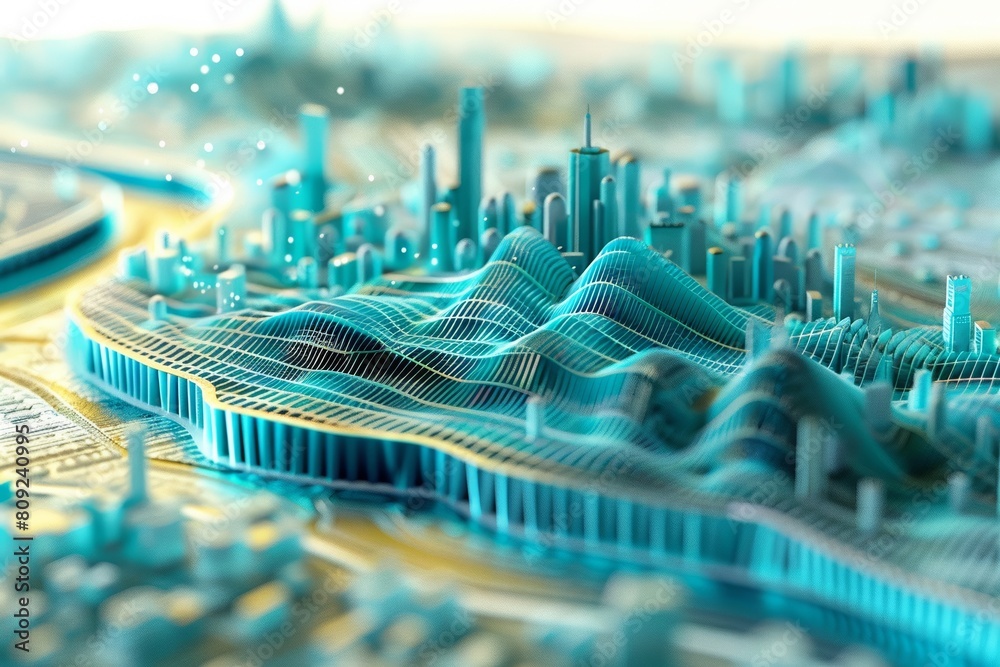 Futuristic 3D model of a sonar wave impacting a cityscape, visual ...
