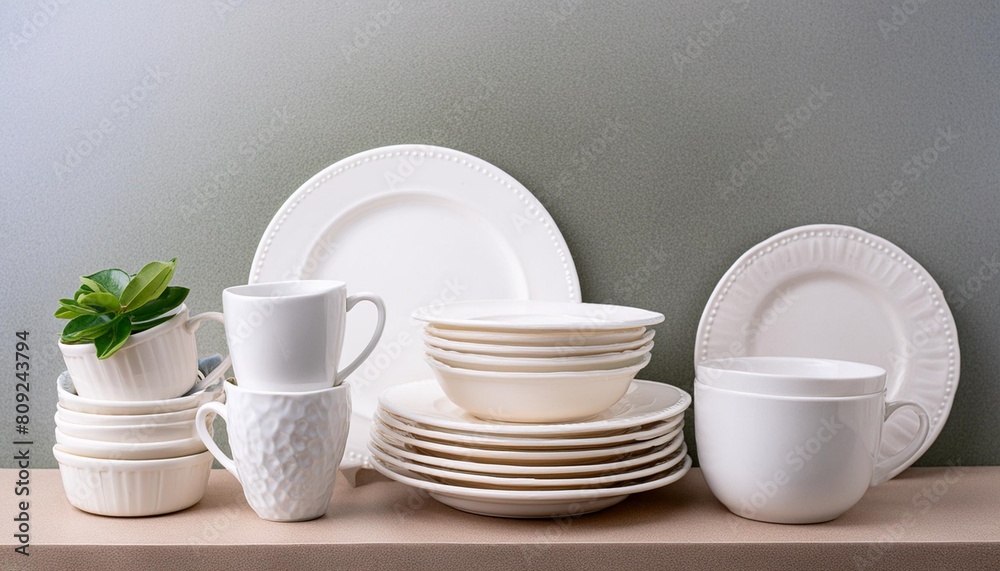 clean empty white dishes and cups on transparent background eco ...
