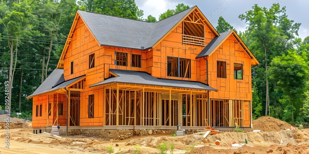 Overview of residential construction on vacant land with building ...