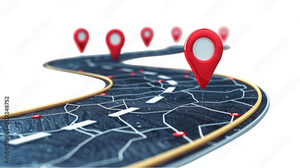 Navigating the Journey: Road Map with Red Location Pins. Transparent ...