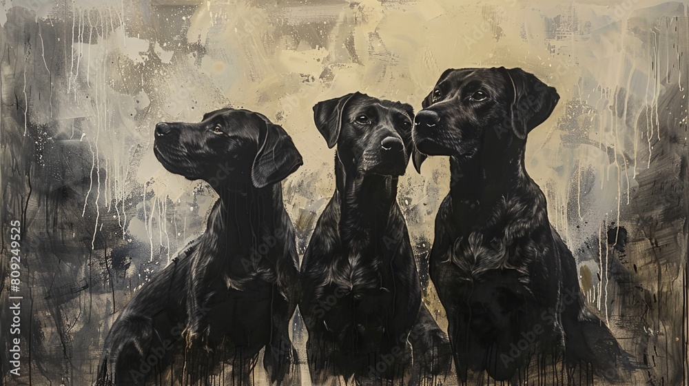 three black dogs are sitting in a row on a painting of a yellow ...