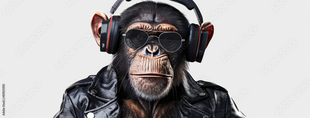 monkey with cool sunglasses and headphones, wearing a leather jacket ...