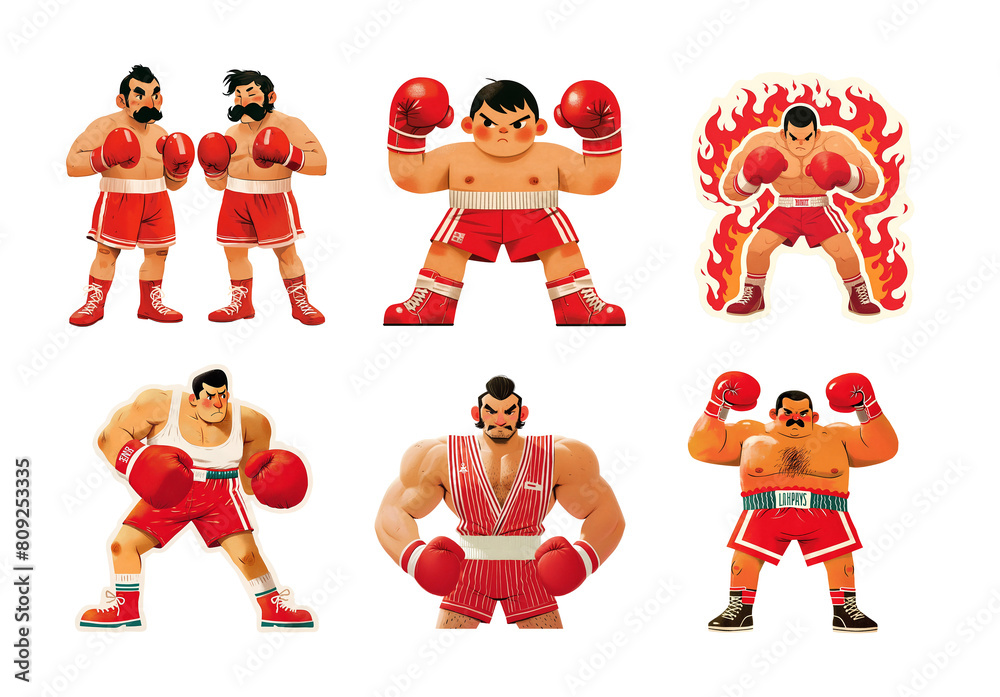 Collection of png illustrations featuring diverse retro boxers in ...