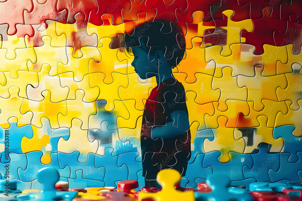 Colorful puzzle pieces come together to form an abstract silhouette of ...