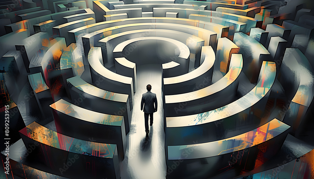Abstract illustration of a man at the entrance to a complex labyrinth ...