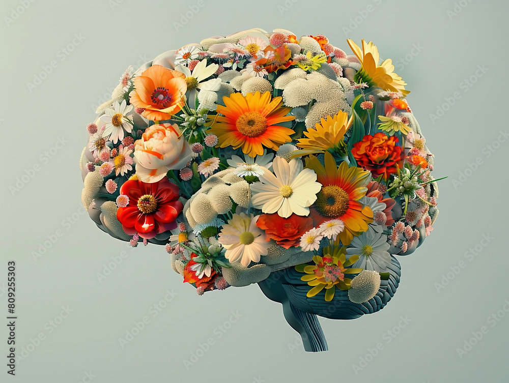 Human brain made of flowers Concept of mental health, wellbeing, nature ...