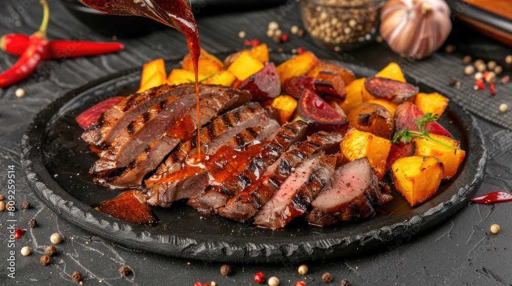 a dish of gourmet meat and potatoes, creating a tantalizing visual ...