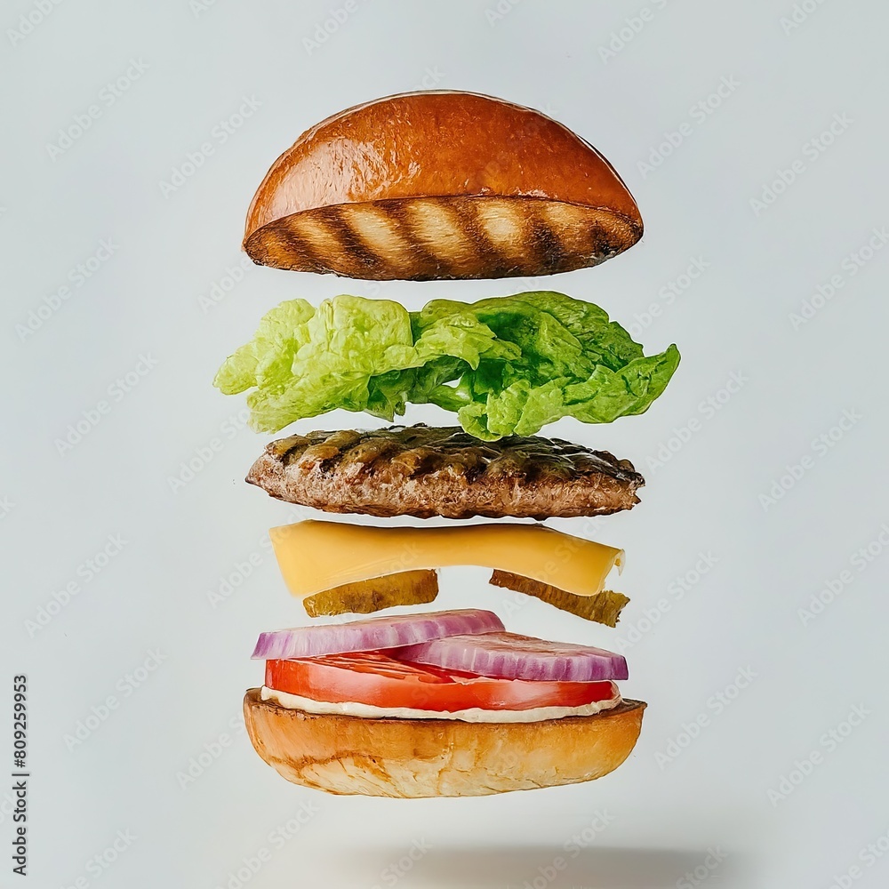 Hamburger falling advertising shooting; a series of photos from above ...