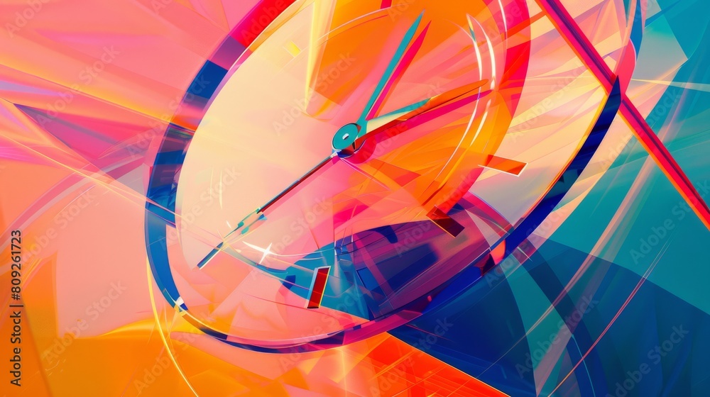 Vibrantly colored abstract artwork features a distorted clock face with ...