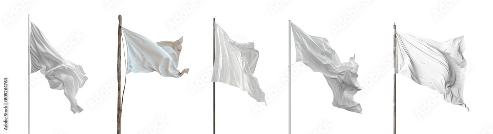Set of white blank medieval and contemporary empty white flags blowing ...