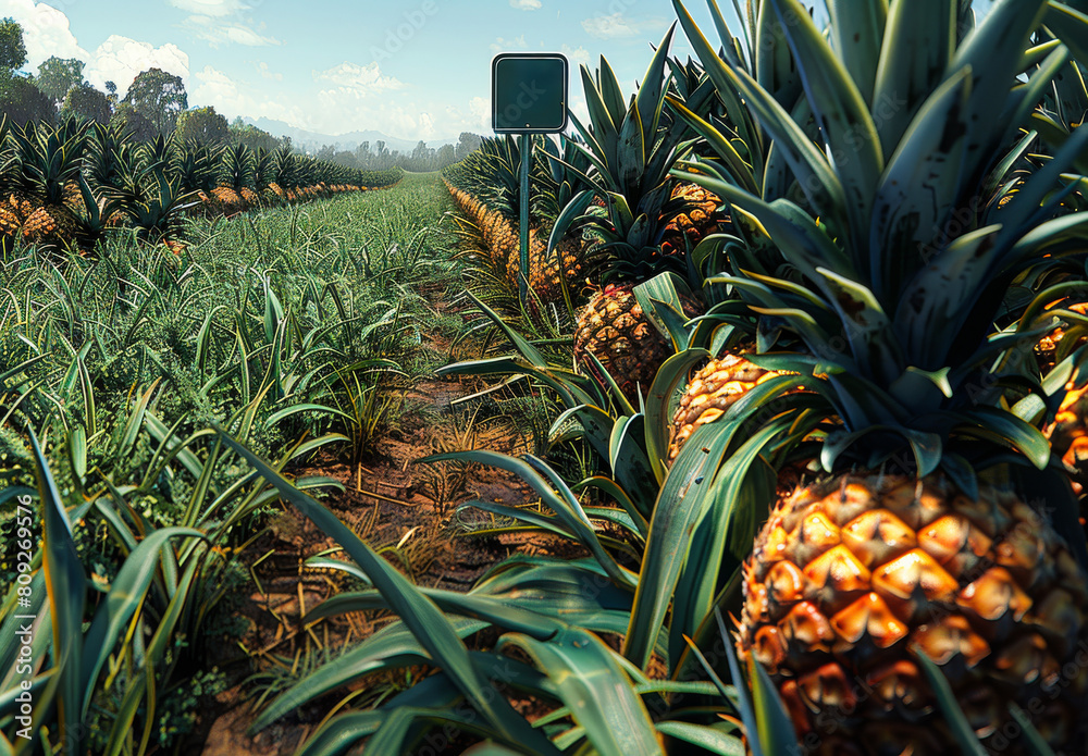 Pineapples growing in field. A field of pineapple plants with many ...