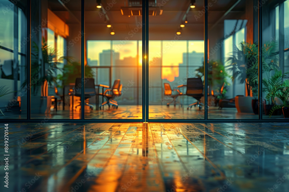 Business, skyline and empty office with furniture, sunset and city ...