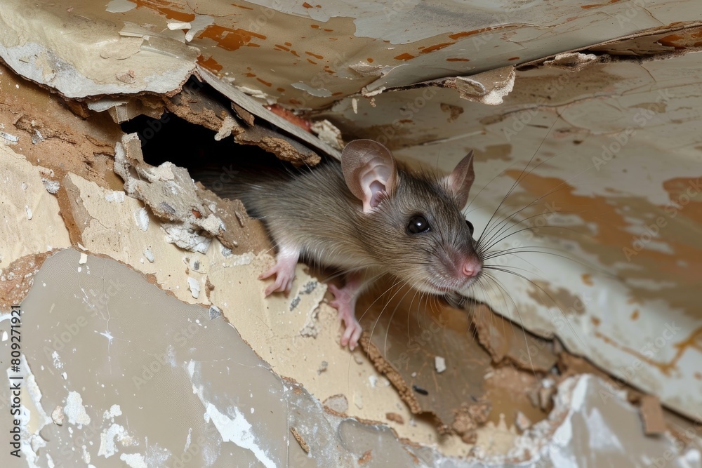 This close-up shows a curious rat peeking out from a hole in a ...
