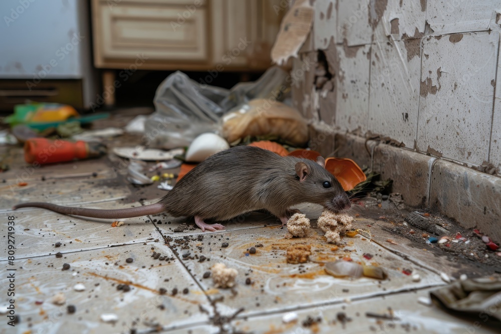 This image shows a rat scrounging bits of food among mess and debris on ...