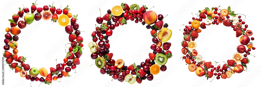 Set of A whole circle made of fruits, strawberries apples cherries ...