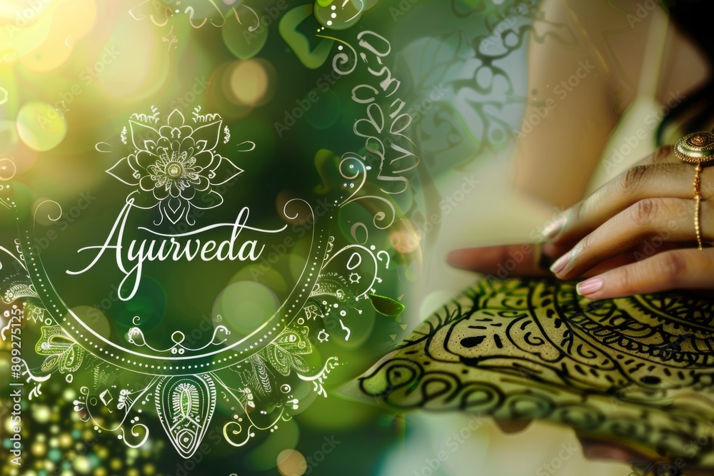 Ayurveda concept with elegant mandala design and a woman performing ...