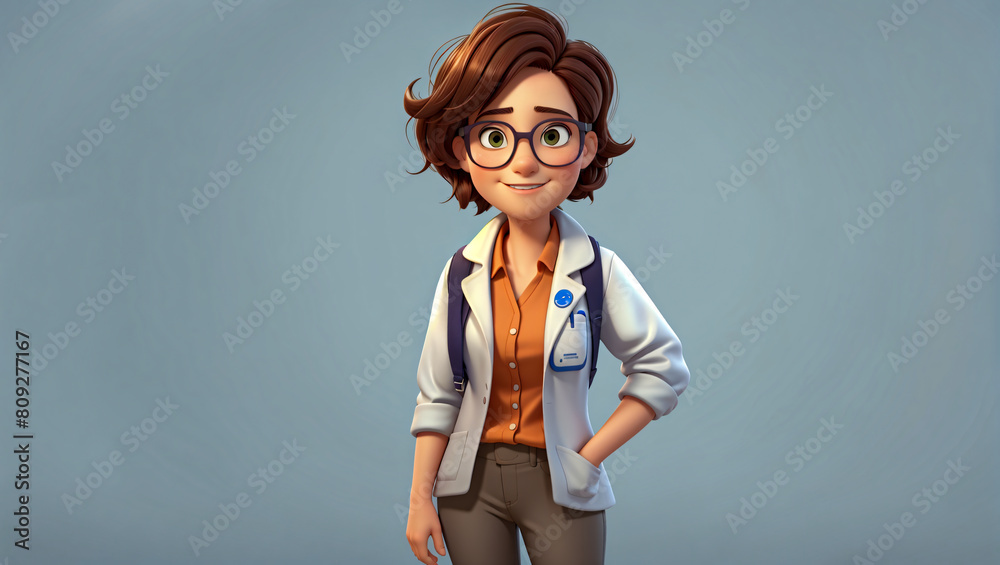 Cartoon animation of a female scientist character wearing white coat ...