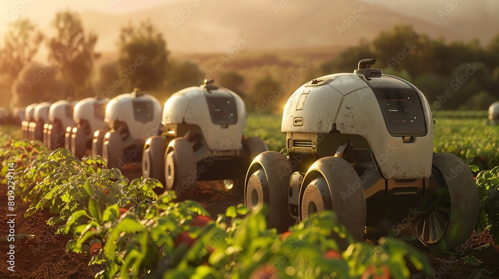 Robotic Agriculture A fleet of robots working in a smart farm, planting ...