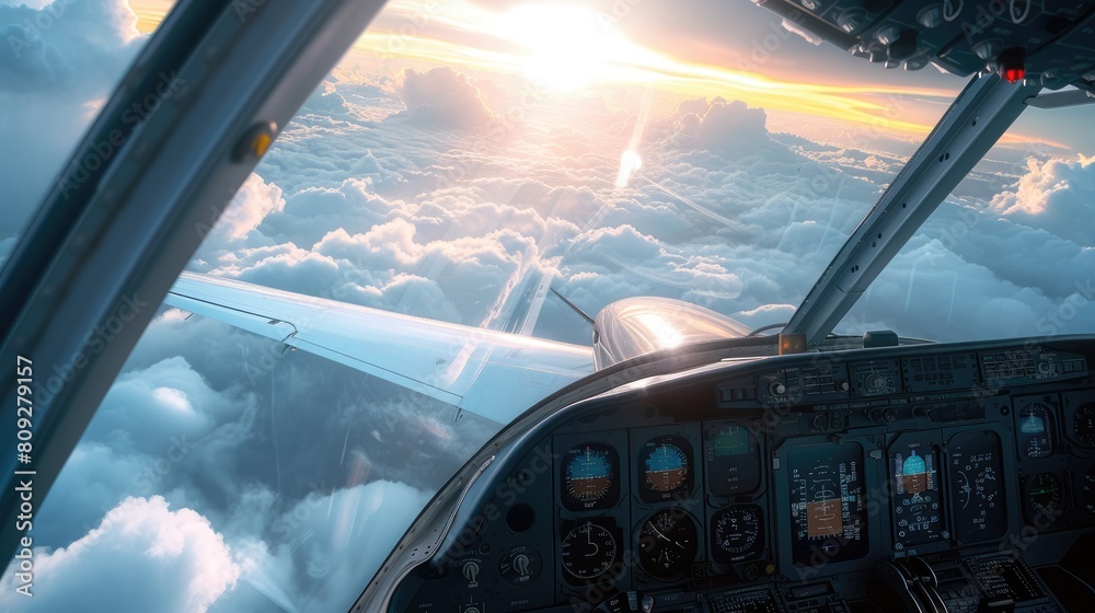 A pilot is view from the cockpit and control panel of an airplane ...