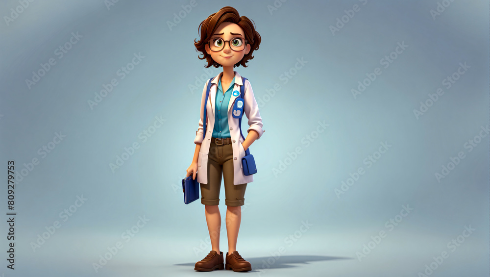 Cartoon animation of a female scientist character wearing white coat ...