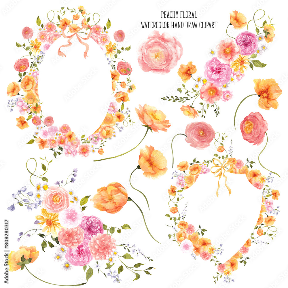 Watercolor hand draw clipart, peachy flowers, soft bouquet, crest frame ...