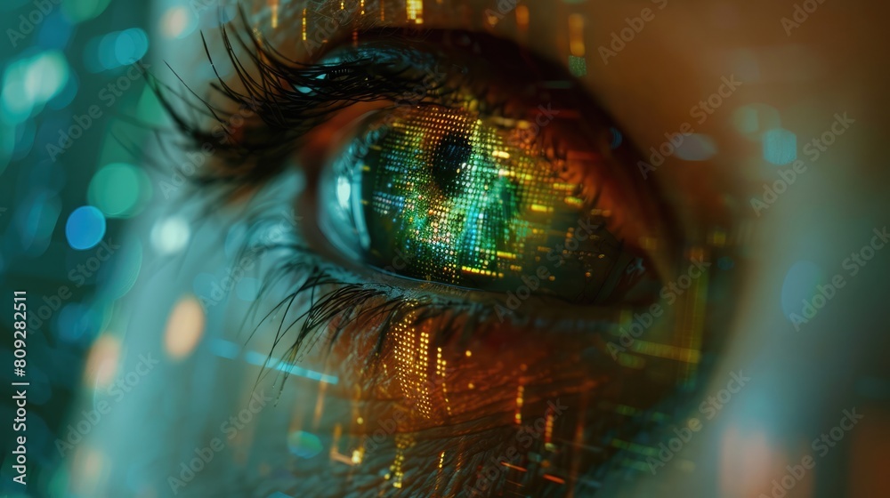 Complex data visualization map reflected in a researcher's eye ...