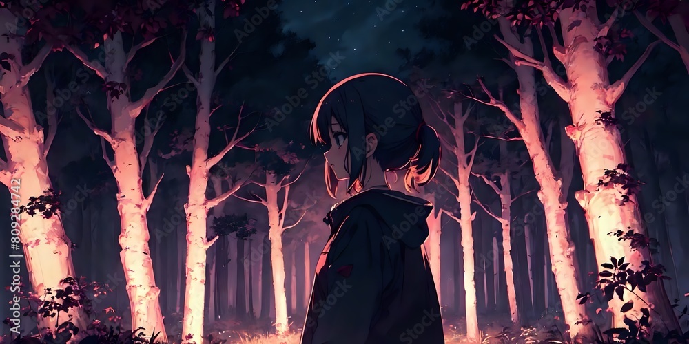 Sad anime girl in the forest, anime background, illustration Stock ...