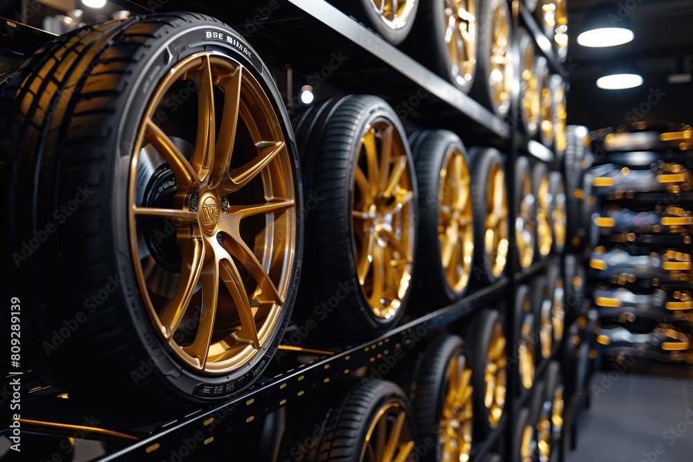 a row of gold rims on a car tire shop shelf Stock Photo | Adobe Stock