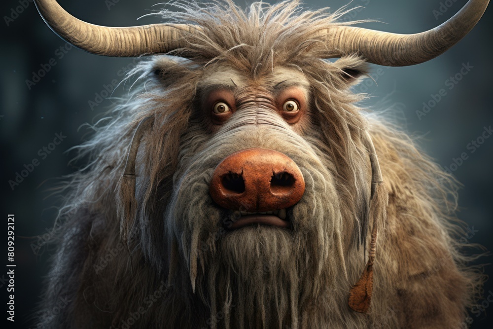High-quality 3d illustration of a furry yak character with large horns ...