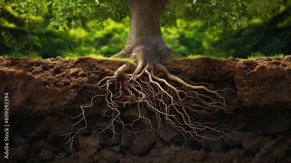 Cross-section of a tree showing intricate root system and surrounding ...