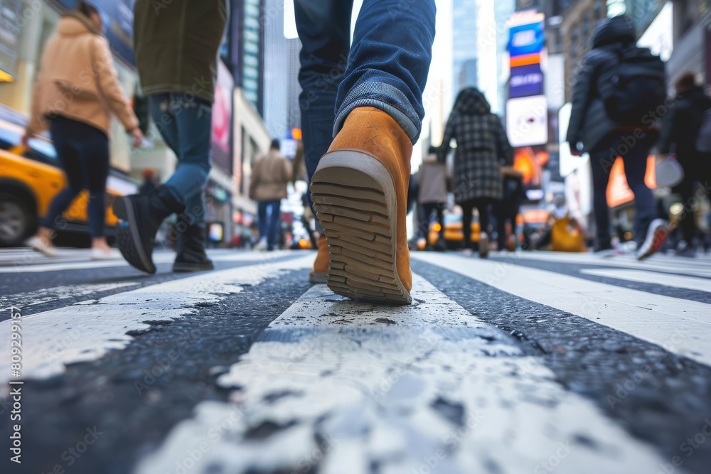 commuters feet crossing busy pedestrian crosswalk in new york city ...